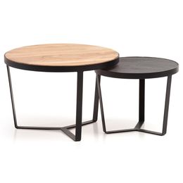 KADIMA DESIGN COUCHTISCH Set rund &ndash; Akazie Massivholz, Steinoptik, Metallgestell, Braun-Anthrazit