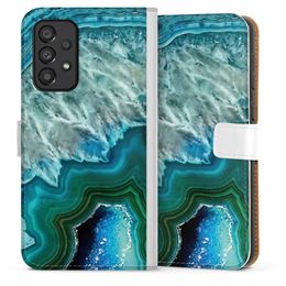 DeinDesign Galaxy A33 5G Handy Klapph&uuml;lle Handyh&uuml;lle aus Kunst Leder wei&szlig; Flip Case Stone Marble Blue Sideflip mit Lasche