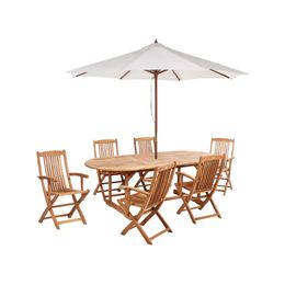 Beliani GARTENTISCH-SET 6-Sitzer Heller Holzfarbton mit Sonnenschirm Maui II