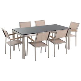 Beliani GARTENM&Ouml;BEL SET 6-Sitzer Naturstein schwarz poliert Textilbespannung beige Grosseto