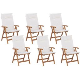 Beliani GARTENSTUHL 6er-Set Akazienholz hellbraun Auflagen cremewei&szlig; Java
