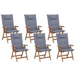 Beliani GARTENSTUHL 6er-Set Akazienholz hellbraun Auflagen blau Java