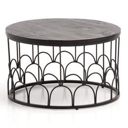KADIMA DESIGN COUCHTISCH Rund in Schwarz aus Mango Massivholz mit Metallgestell, 60x60x36cm, Industrial Design