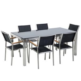 Beliani GARTENM&Ouml;BEL SET 6-Sitzer Glasplatte schwarz Textilbespannung schwarz Grosseto