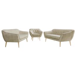 SITZGARNITUR PIRS 3+3+1 - Beige Velvet - Holzbeine
