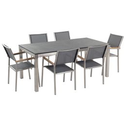 Beliani GARTENM&Ouml;BEL SET 6-Sitzer Naturstein schwarz geflammt Textilbespannung grau Grosseto