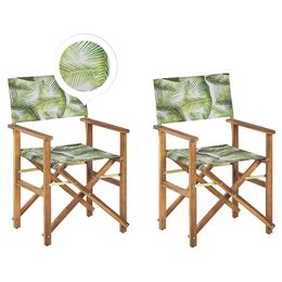 Beliani GARTENSTUHL 2er-Set Akazienholz hellbraun Auflagen grau/hellgr&uuml;n Palmenmotiv Cine