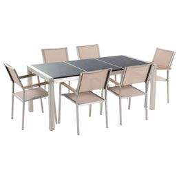 Beliani GARTENM&Ouml;BEL SET 6-Sitzer Naturstein schwarz poliert beige Grosseto