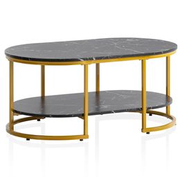 KADIMA DESIGN COUCHTISCH mit Marmor Optik, rechteckig, Ablage, goldenes Metallgestell, Schwarz 100x60x45 cm