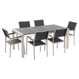Beliani GARTENM&Ouml;BEL SET 6-Sitzer Naturstein schwarz geflammt Textilbespannung Grosseto