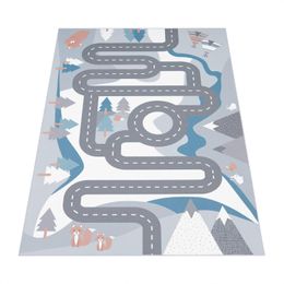 KADIMA DESIGN KINDERTEPPICH Waschbar, mit Wald‑Stra&szlig;en-Motiv, Creme, 140 x 200 cm