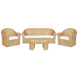 Beliani LOUNGE SET 5-Sitzer Rattan naturfarben Auflagen wei&szlig; Fracasti