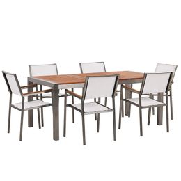 Beliani GARTENM&Ouml;BEL SET 6-Sitzer Eukalyptusholz Textilbespannung wei&szlig; Grosseto