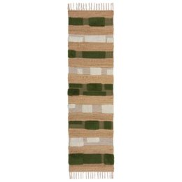 KADIMA DESIGN JUTETEPPICH handgewebt mit Fransen WHARFE, im Patchwork-Stil, Natur-Gr&uuml;n, 60 x 230 cm