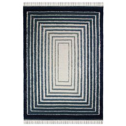 KADIMA DESIGN TEPPICH aus Wolle handgewebt mit Fransen FROND in Blau, geometrisch, 200 x 300 cm