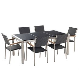 Beliani GARTENM&Ouml;BEL SET 6-Sitzer Naturstein schwarz poliert Rattan Grosseto