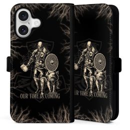 DeinDesign iPhone 16 Handy Klapph&uuml;lle Handyh&uuml;lle aus Kunst Leder schwarz Flip Case Wikinger Vikings Tv Show Designs Sideflip mit Lasche