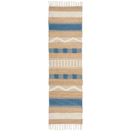 KADIMA DESIGN JUTETEPPICH handgewebt mit Fransen WHARFE, im Ethno-Stil, Natur-Blau, 60 x 230 cm