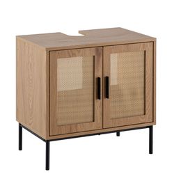 KADIMA DESIGN WASCHBECKENUNTERSCHRANK Eiche-Optik 60x60x40 cm mit T&uuml;ren und Rattangeflecht
