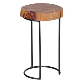 KADIMA DESIGN BEISTELLTISCH Massivholz Metallgestell Baumstammplatte Landhausstil INDI, Beige 28x28x45 cm