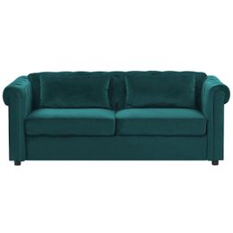 Beliani 3-SITZER-SCHLAFSOFA Samtstoff Dunkelgr&uuml;n Chesterfield