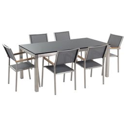 Beliani GARTENM&Ouml;BEL SET 6-Sitzer Naturstein schwarz poliert Textilbespannung grau Grosseto
