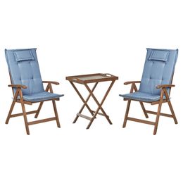 Beliani BALKONSET 2-Sitzer Akazienholz dunkelbraun verstellbar Auflagen blau Amantea