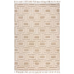 KADIMA DESIGN WOLLTEPPICH mit Fransen COPSE, geometrisch, Beige, 120 x 170 cm