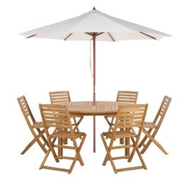 Beliani GARTENM&Ouml;BEL SET 6-Sitzer mit Sonnenschirm Akazienholz hellbraun Tolve