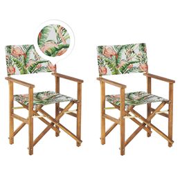 Beliani GARTENSTUHL 2er-Set Akazienholz hellbraun Auflagen cremewei&szlig;/bunt Flamingomuster Cine