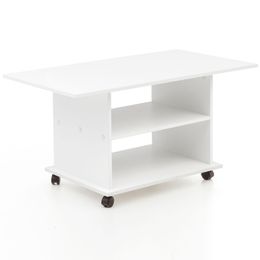 KADIMA DESIGN COUCHTISCH mit zwei Ablagefl&auml;chen, Rollen und Melaminharzbeschichtung, Wei&szlig; 95x54x51 cm