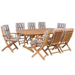 Beliani GARTENM&Ouml;BEL SET 8-Sitzer Akazienholz hellbraun Auflagen dunkelblau-beige Maui