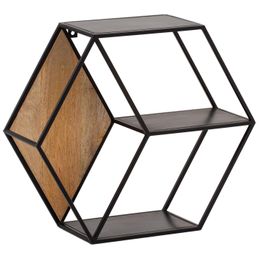 KADIMA DESIGN WANDREGAL Mango Massivholz Metall Industrial Stil 60x52x20 cm Sechseckig mit 3 Ablagen