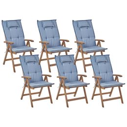 Beliani GARTENSTUHL 6er-Set Akazienholz dunkelbraun Auflagen blue Amantea