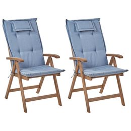 Beliani GARTENSTUHL 2er-Set Akazienholz dunkelbraun Auflagen blau Amantea