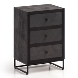 KADIMA DESIGN NACHTTISCH Massivholz Steinoptik 3 Schubladen Metallgestell, Schwarz 40x30x60 cm