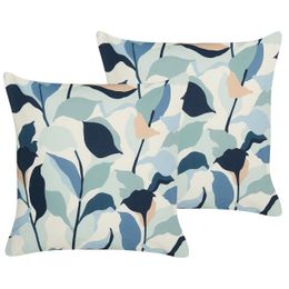 Beliani GARTENKISSEN 2er-Set Blattmotiv blau/wei&szlig; 45/45 cm Veglino