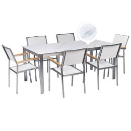 Beliani GARTENM&Ouml;BEL SET 6-Sitzer Keramik-Glas Marmor Optik Textil wei&szlig; Cosoleto/Grosseto