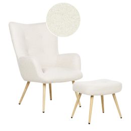 Beliani SESSEL Boucl&eacute; cremewei&szlig; mit Hocker Vejle