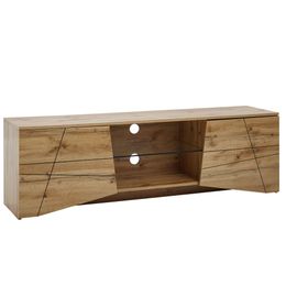 KADIMA DESIGN LOWBOARD Eiche-Dekor Modern Stil f&uuml;r 70-Zoll Fernseher mit Glasablage