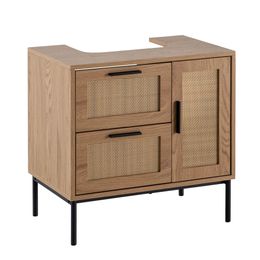 KADIMA DESIGN WASCHBECKENUNTERSCHRANK Eiche-Optik 60x60x40 cm mit T&uuml;r, Schubladen und Rattangeflecht