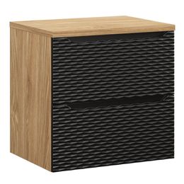 Badplaats WASCHBECKENUNTERSCHRANK Ocean 2 Schubladen Schwarz Matt mit Eiche - 60 x 46 x 59 cm