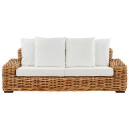 Beliani GARTENSOFA 3-Sitzer Rattan nat&uuml;rlich Auflagen cremewei&szlig; Forli