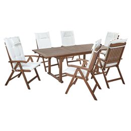 Beliani GARTENM&Ouml;BEL-SET 6-Sitzer Akazienholz Auflagen cremewei&szlig; Amantea