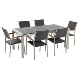 Beliani GARTENM&Ouml;BEL SET 6-Sitzer Naturstein schwarz geflammt Rattan Grosseto