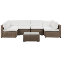 Beliani LOUNGE SET 6-Sitzer modular Braun Auflagen wei&szlig; Belvedere