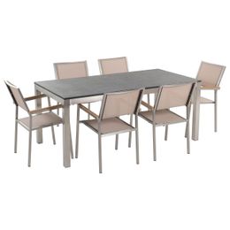 Beliani GARTENM&Ouml;BEL SET 6-Sitzer Naturstein schwarz geflammt Textilbespannung beige Grosseto