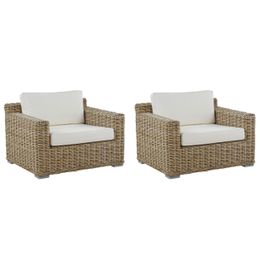 Beliani GARTENSESSEL 2er-Set Rattan nat&uuml;rlich Auflagen cremewei&szlig; Ardea