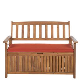 Beliani GARTENBANK Akazienholz hellbraun mit Stauraum Auflage terracotta 120 cm Sovana