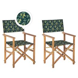 Beliani GARTENSTUHL 2er-Set Akazienholz hellbraun Auflagen cremewei&szlig;/dunkelgr&uuml;n Olivenmuster Cine